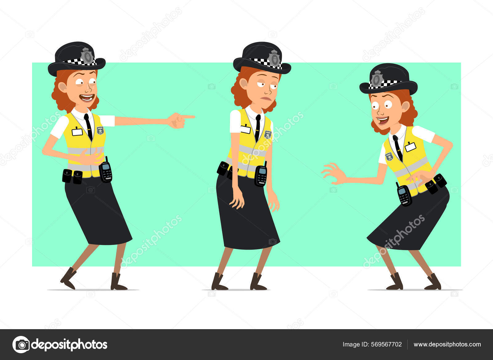 Cartoon Flat Funny British Police Woman Character Yellow Jacket Badge ...