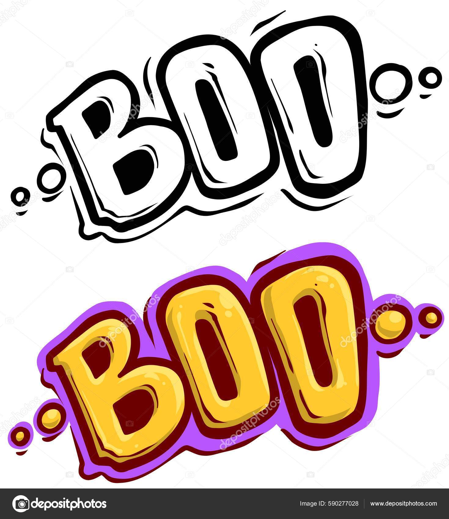 Cartoon Doodle Style Hand Drawn Boo Symbol Yellow Text Violet Stock ...