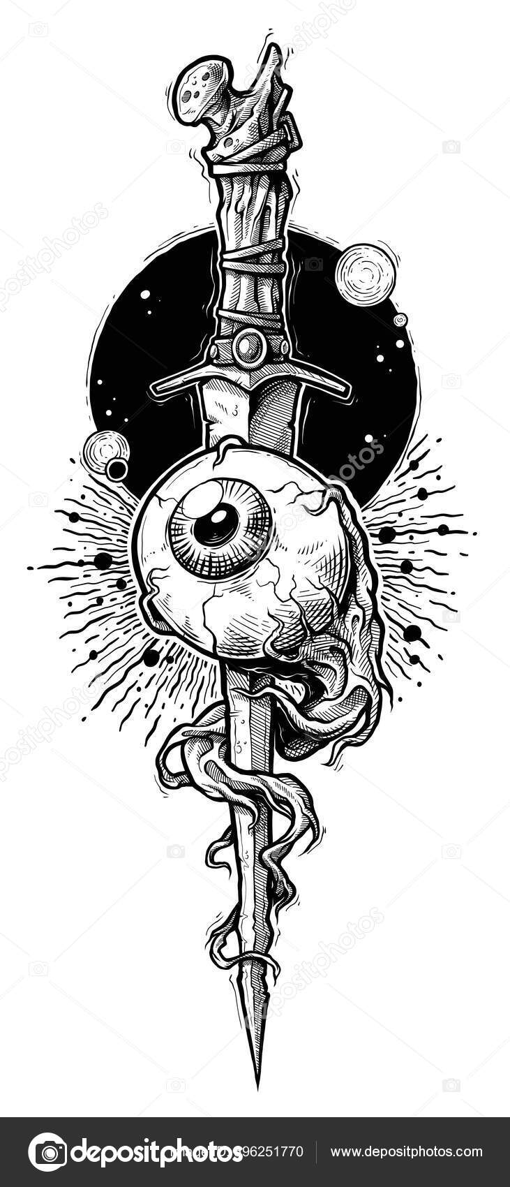 Graphic Detailed Hand Drawn Dagger Bone Handle Pierce Human Eye Stock ...