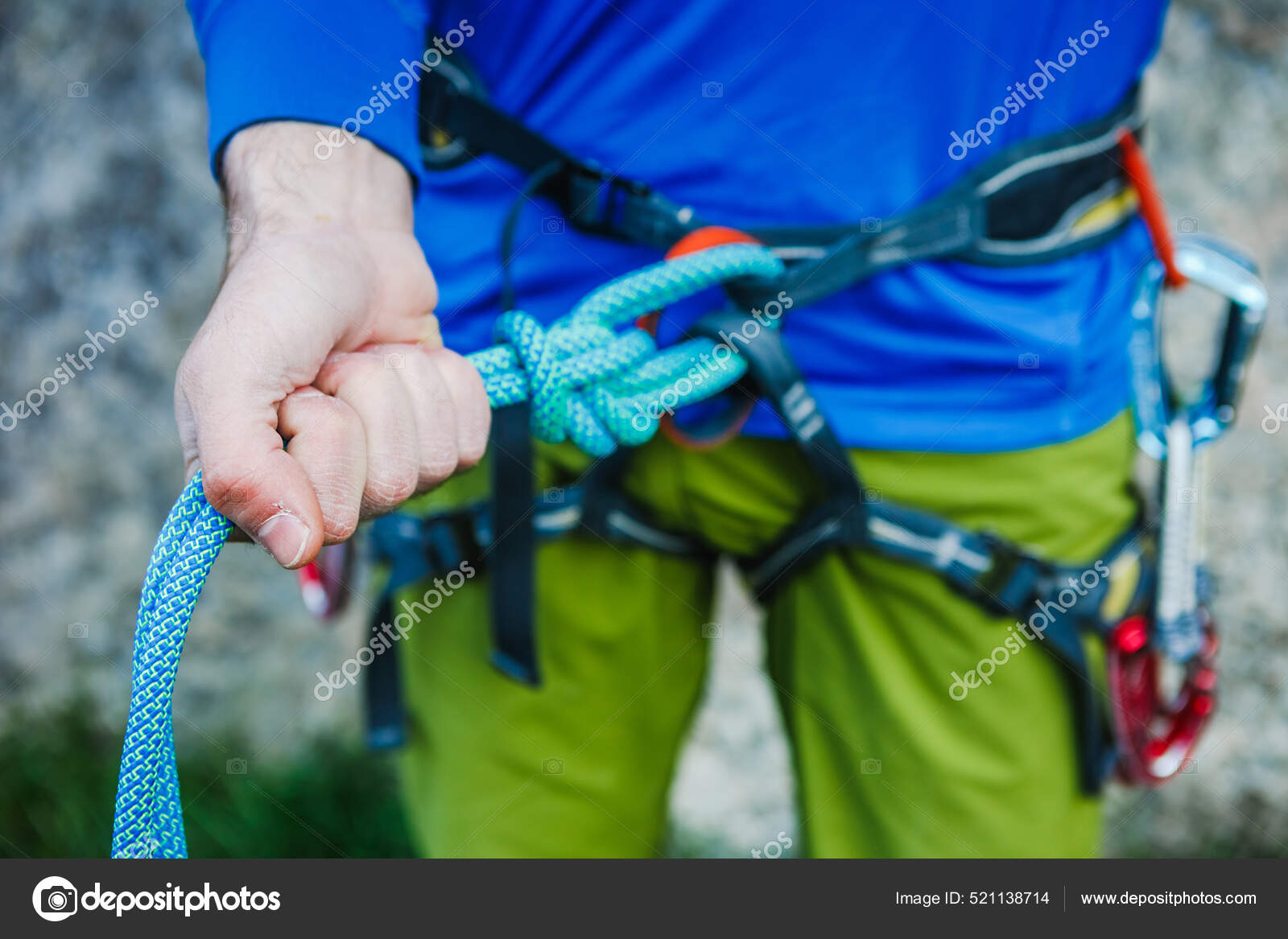 Rock Climber Wearing Safety Harness Climbing Equipment Outdoor Close ...