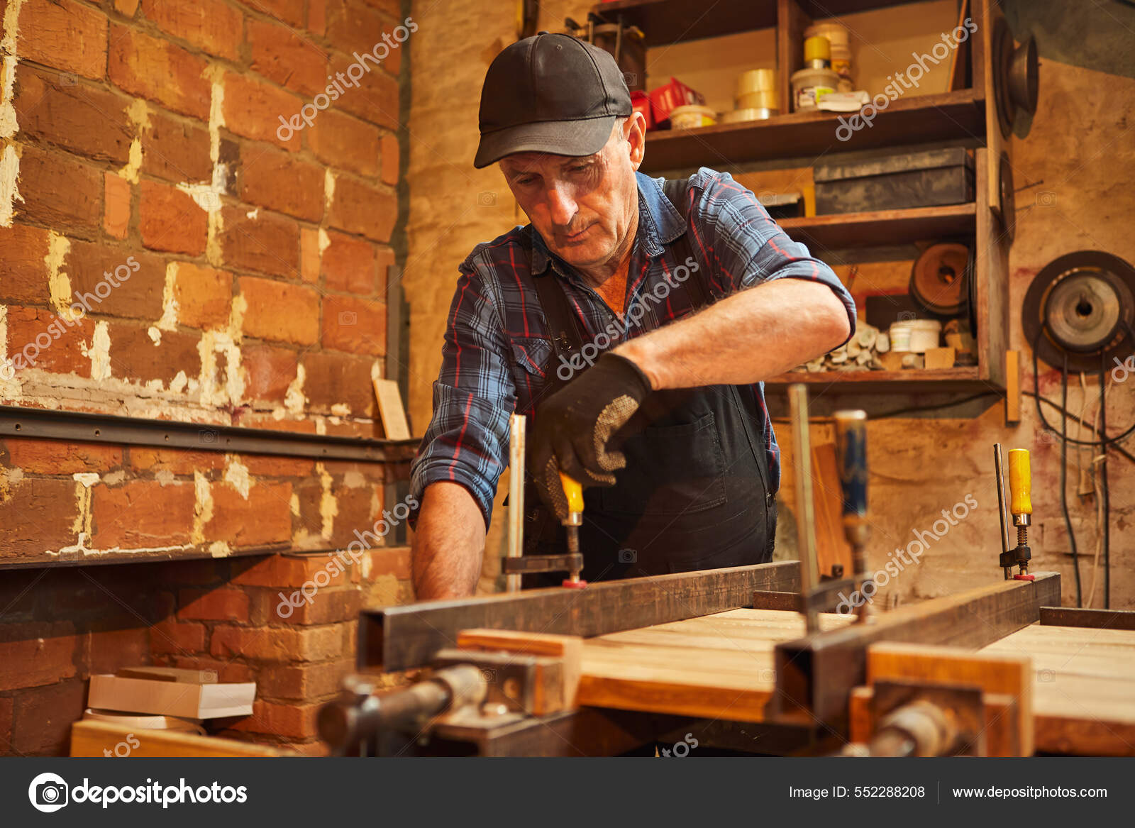 Portrait Senior Carpenter Uniform Gluing Wooden Bars Hand Pressures ...