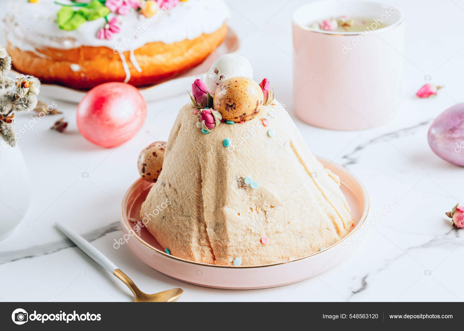 Traditional Ortodox Easter curd cake on white marble background. Stock ...