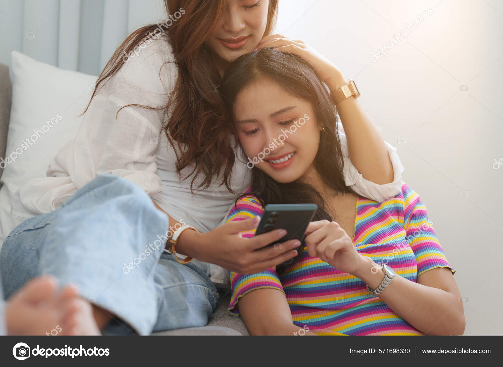 Young Asian Women Lgbt Lesbian Couple Love Moments Happiness At Bedroom