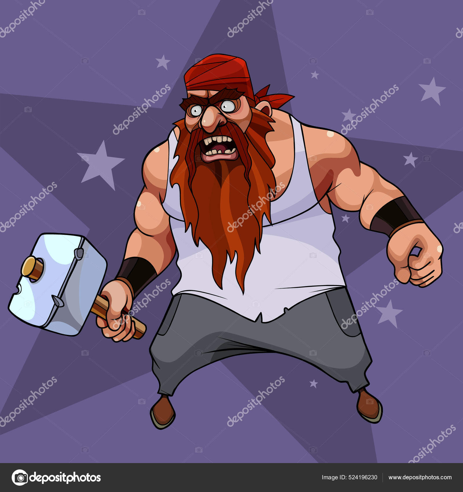 Cartoon Angry Bearded Male Pirate Screaming While Standing Sledgehammer ...