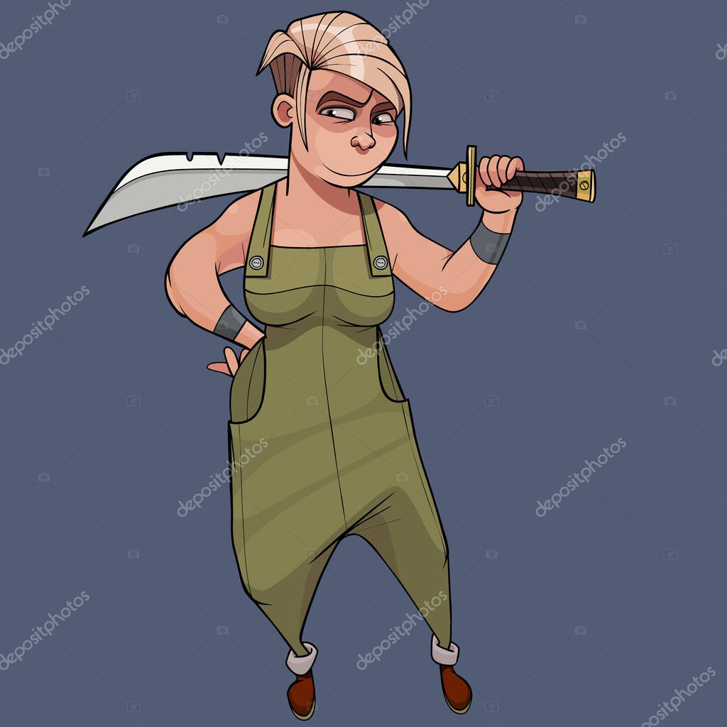 mujer fuerte de dibujos animados en overoles sosteniendo espada detr s de su cabeza 2024