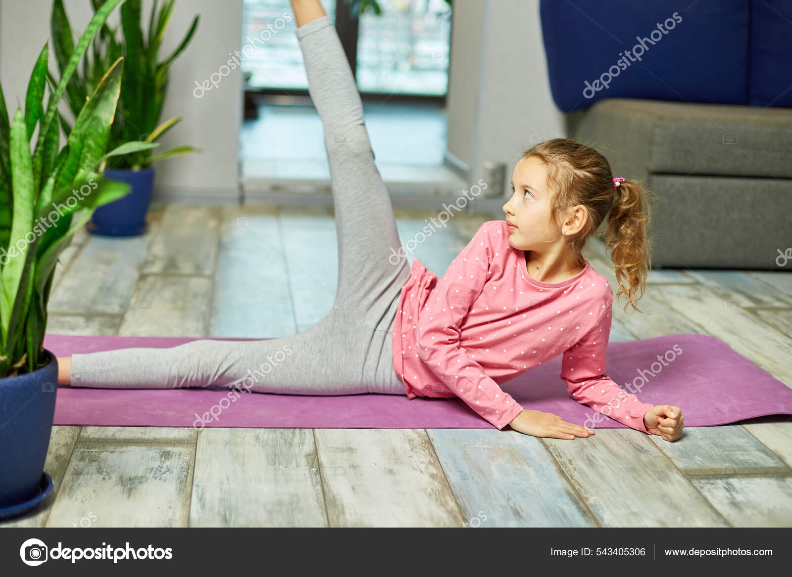 Little Girl Doing Stretching Exercises Practicing Yoga Fitness Mat Home ...