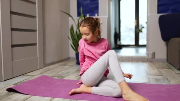 Little Girl Doing Stretching Exercises Practicing Yoga Fitness Mat Home ...