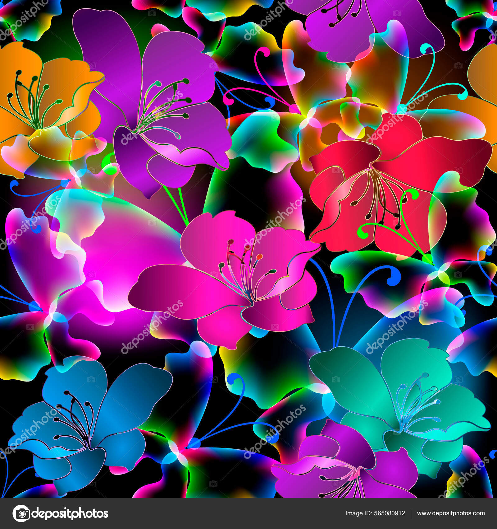Glowing Flying Butterflies Flowers Seamless Pattern Colorful Ornamental ...
