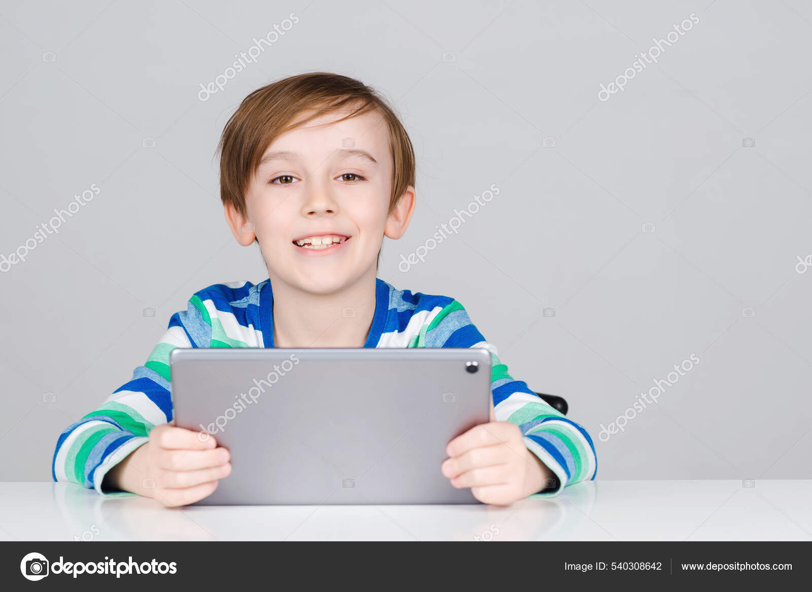 Happy Boy Tablet Online Lesson Smiling Cute Kid Using Digital — Stock ...