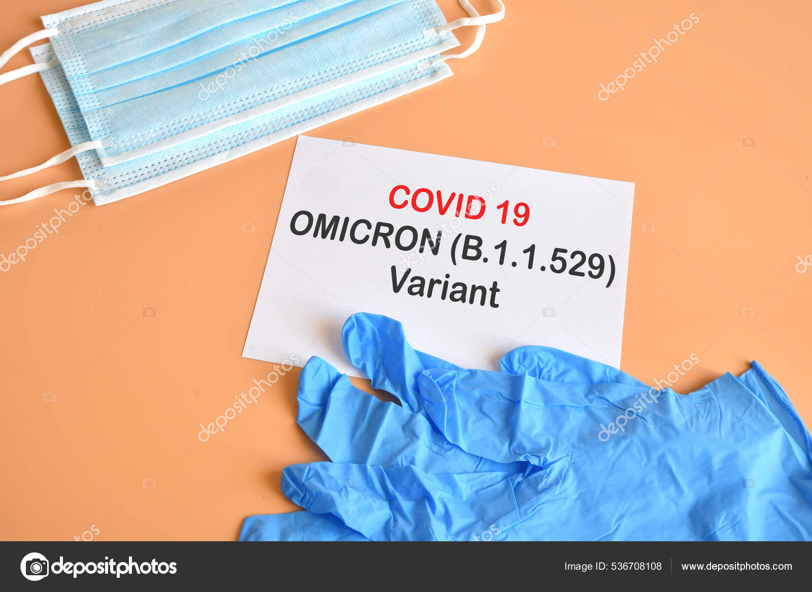 Covid New Omicron Variant Medical Face Masks Blue Medical Gloves Stock ...