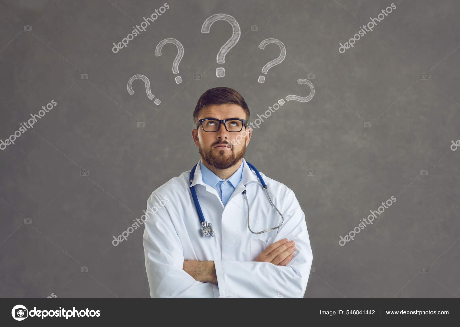 Doctor with question marks above head standing arms crossed and ...