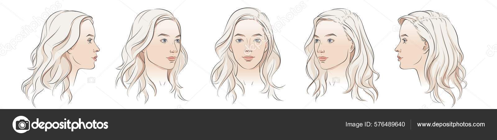 Vector Woman Face Five Different Angle View Set Head Portraits Stock ...