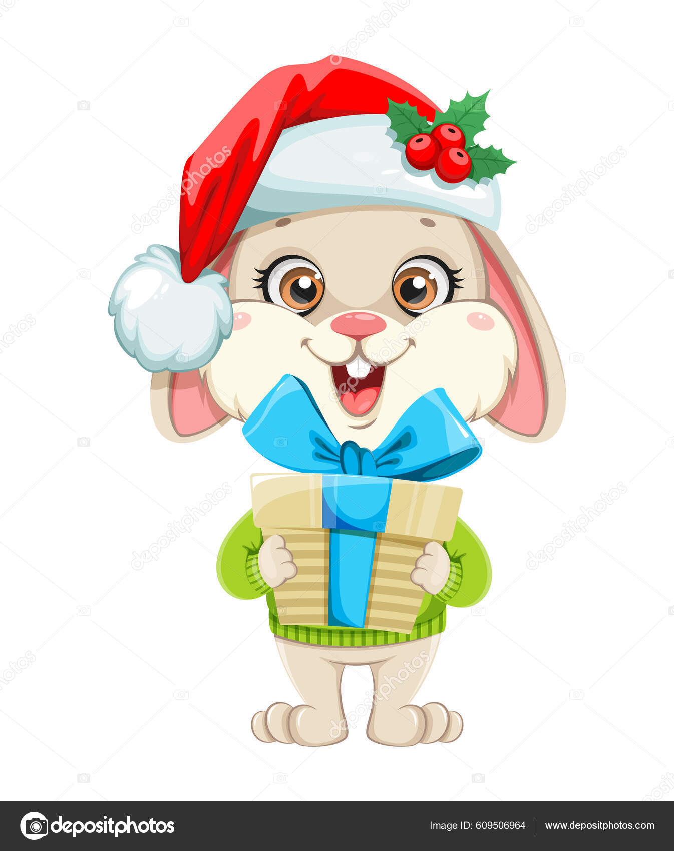 Cute Rabbit Cartoon Character Funny Bunny Gift Box Merry Christmas ...
