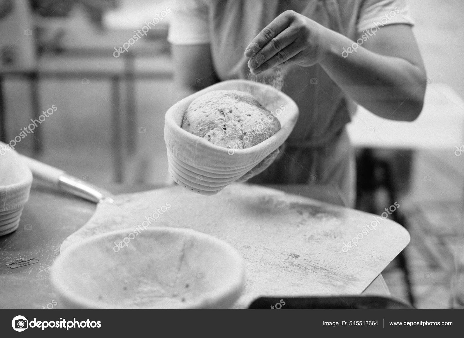 Baker Woman Sprinkles Flour Shaped Loaves Rustic Style Bread Baking ...