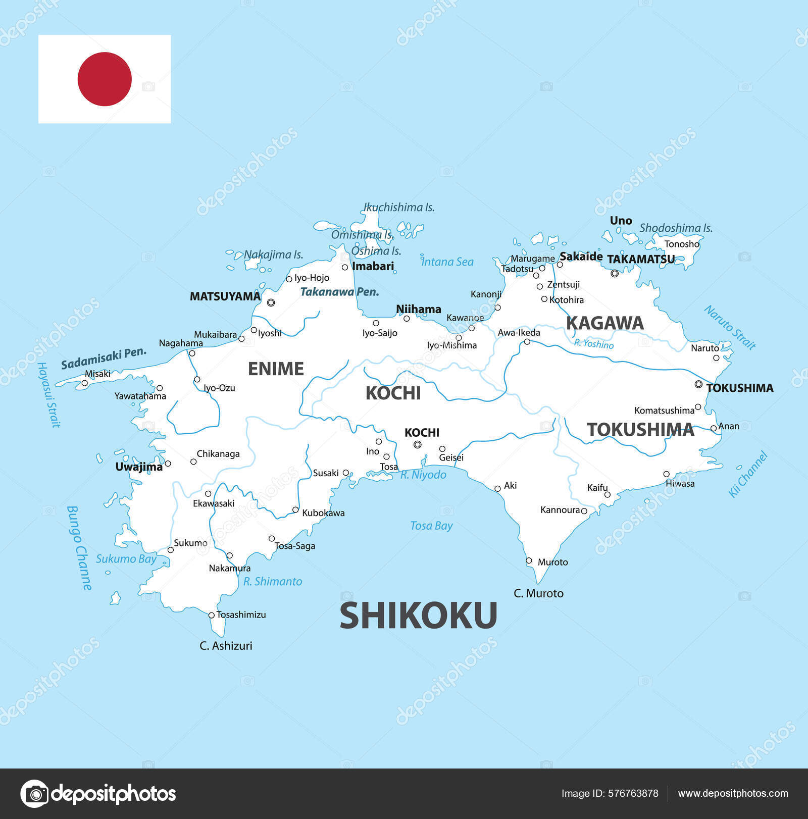 Mapa Shikoku Mapa Prefectura Japan Color Blanco Ilustración Vectorial ...