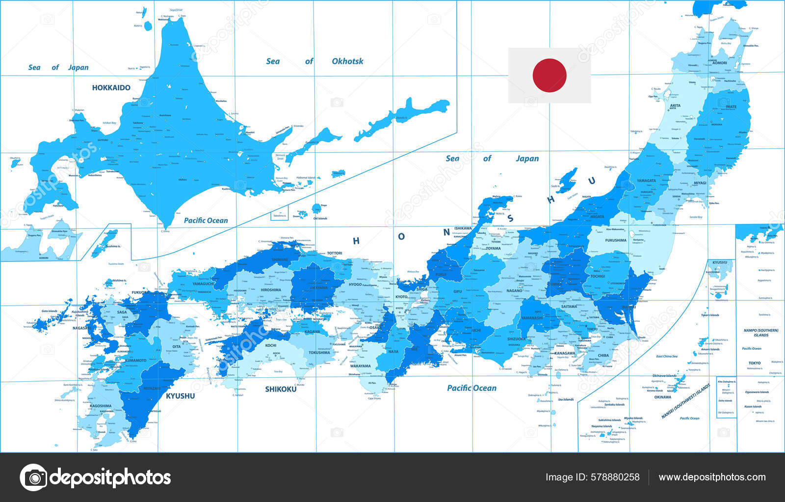 Detailed Political Map Japan Cities Towns Blue Color Vector ...