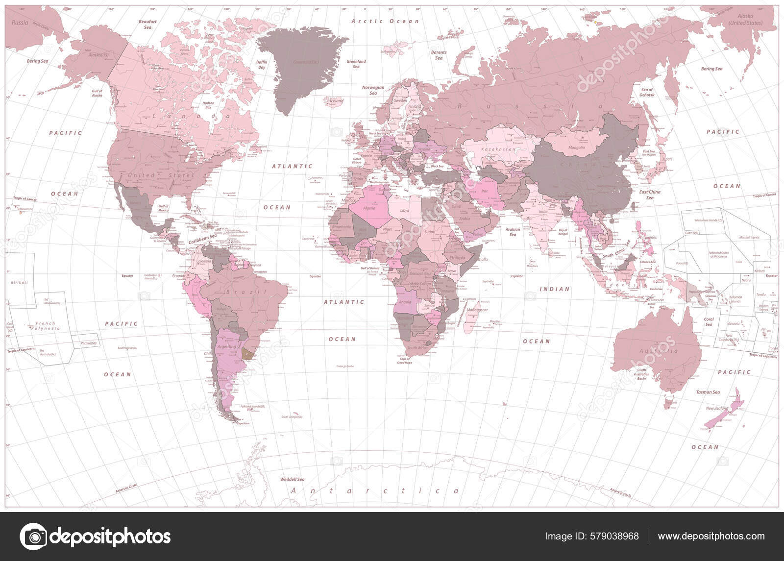 Rosa Världskarta Med Namn Länder Och Deras Huvudstäder Och ...