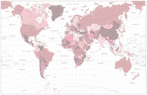 Mapa del mundo rosa con nombres de pa ses y sus capitales y objetos acu ...