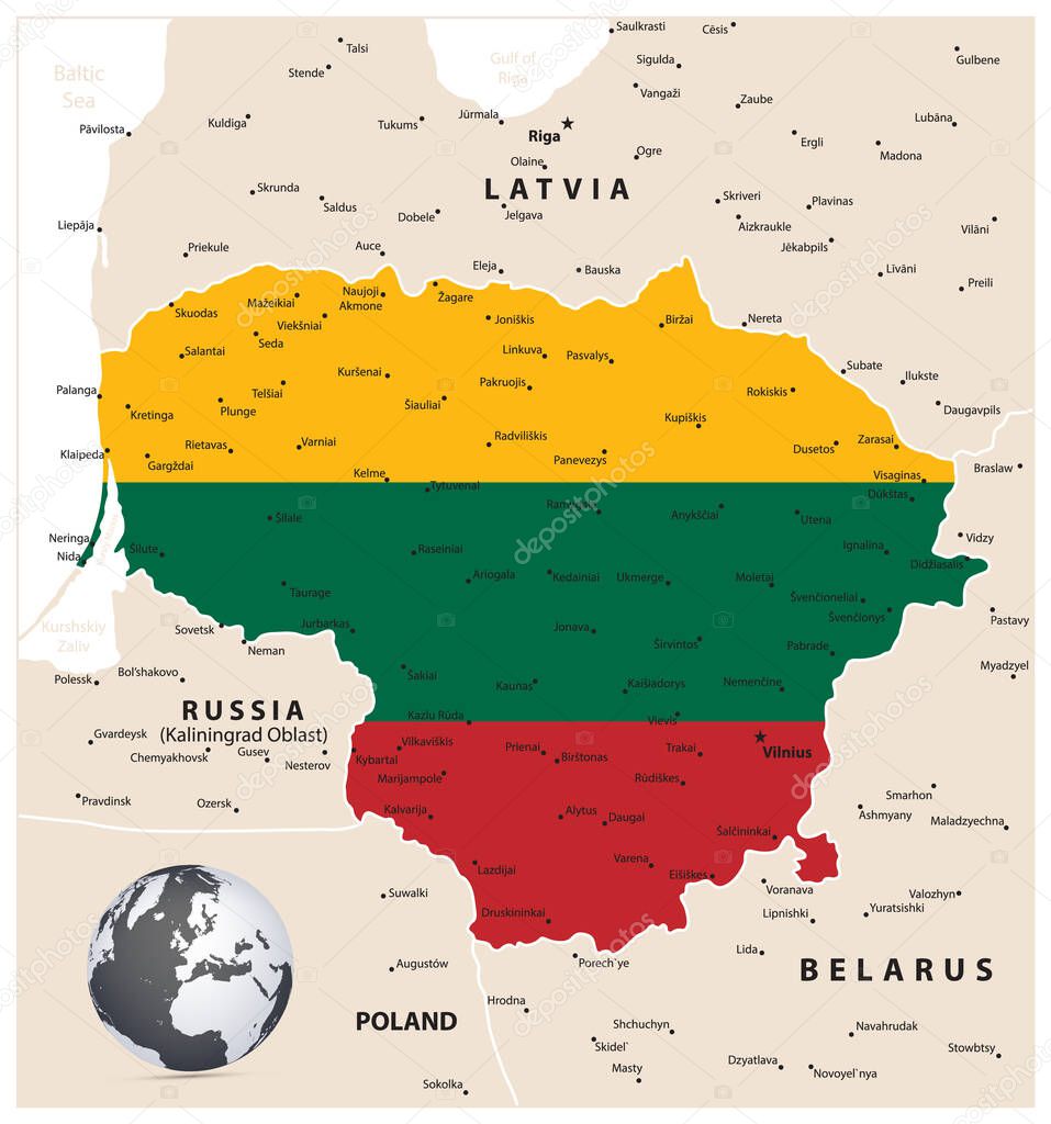 Lituania Mapa coloreado por bandera nacional. Mapa detallado de ...