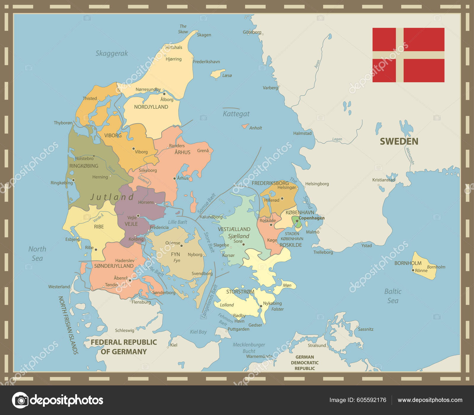 Denmark Retro Color Map Highly Detailed Editable Political Map Labeling ...