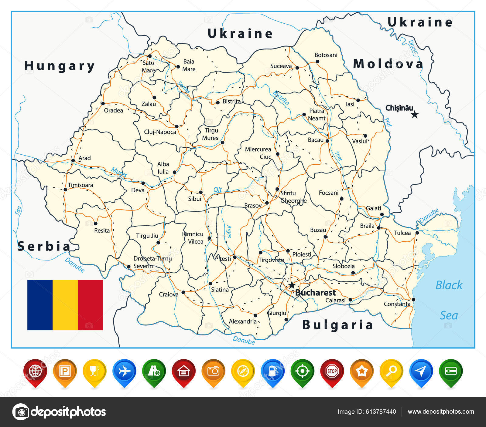 Rumunsko Road Map Vysoce Podrobná Upravitelná Politická Mapa Označením ...