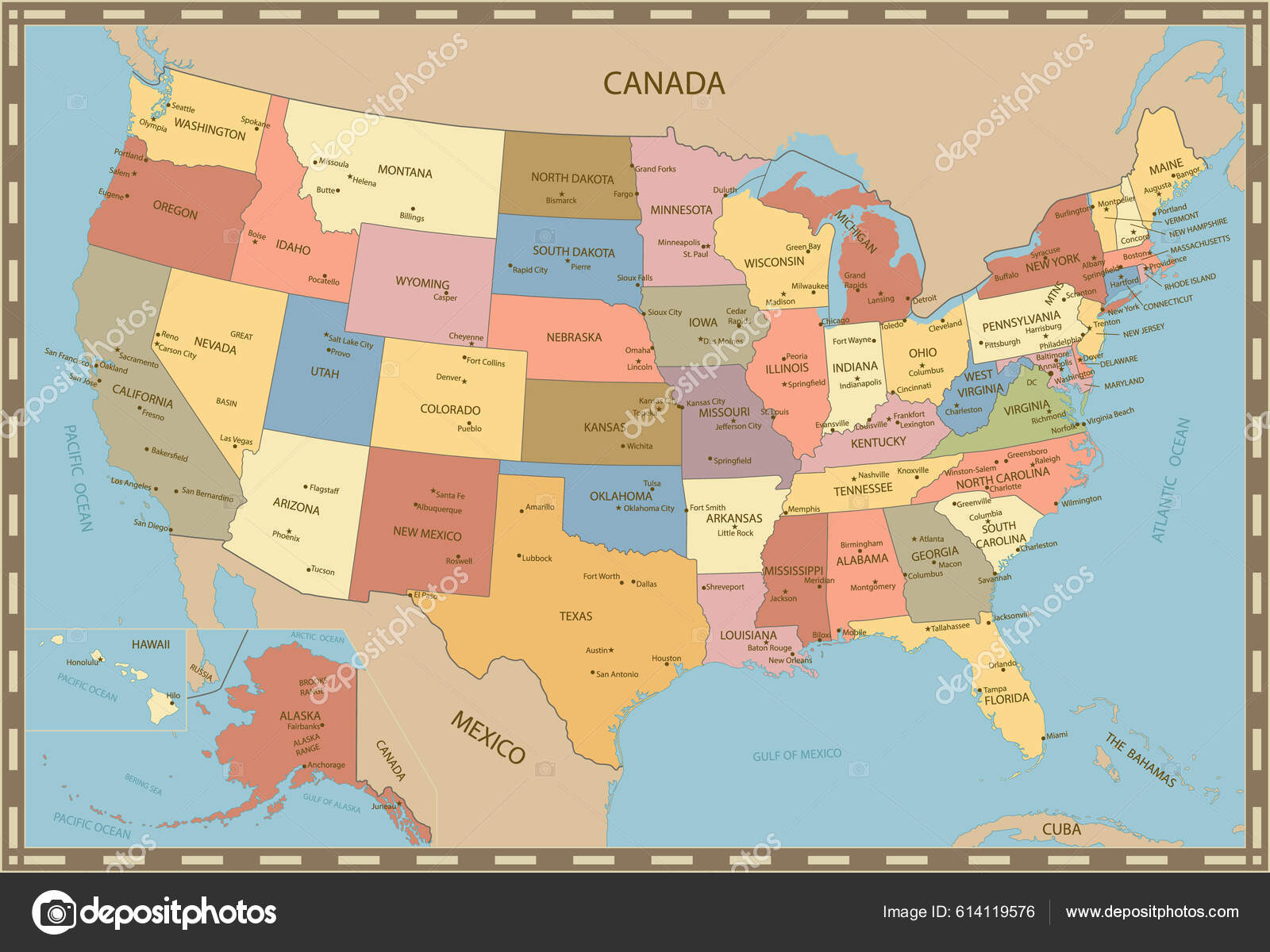 Vintage Color Map United States Highly Detailed Editable Political Map ...