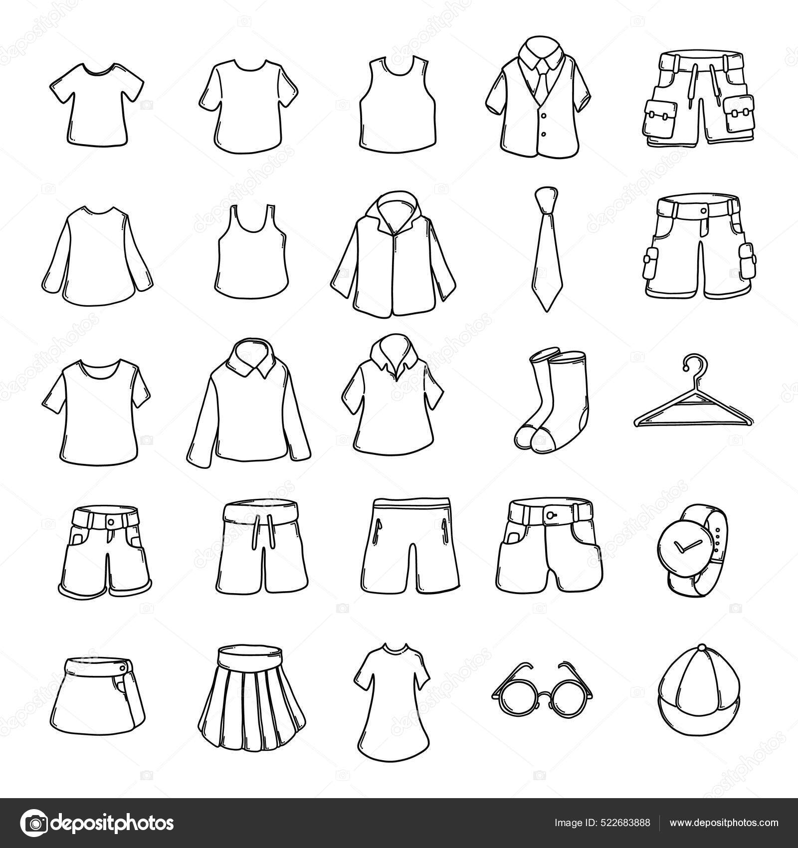 Ropa Doodle Vector Icono Conjunto Dibujo Boceto Ilustración Dibujado ...