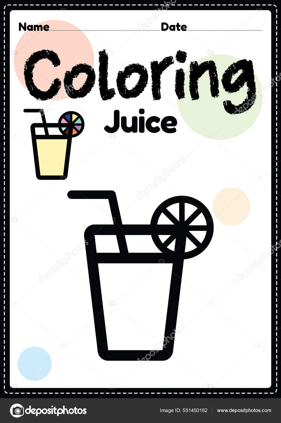 Juice Coloring Page Picture Worksheet Preschool Kindergarten Montessori ...