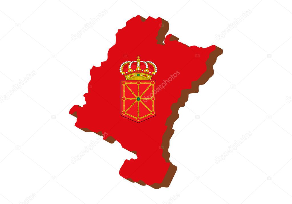 mapa 3d de Navarra con su bandera, escudo y corona real 2022