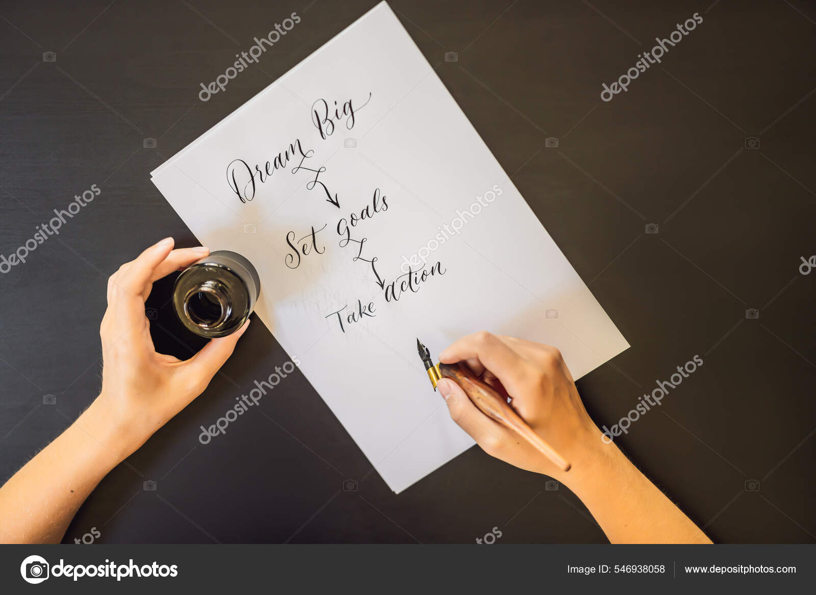 Dream big set goals take action. Calligrapher Young Woman writes phrase ...