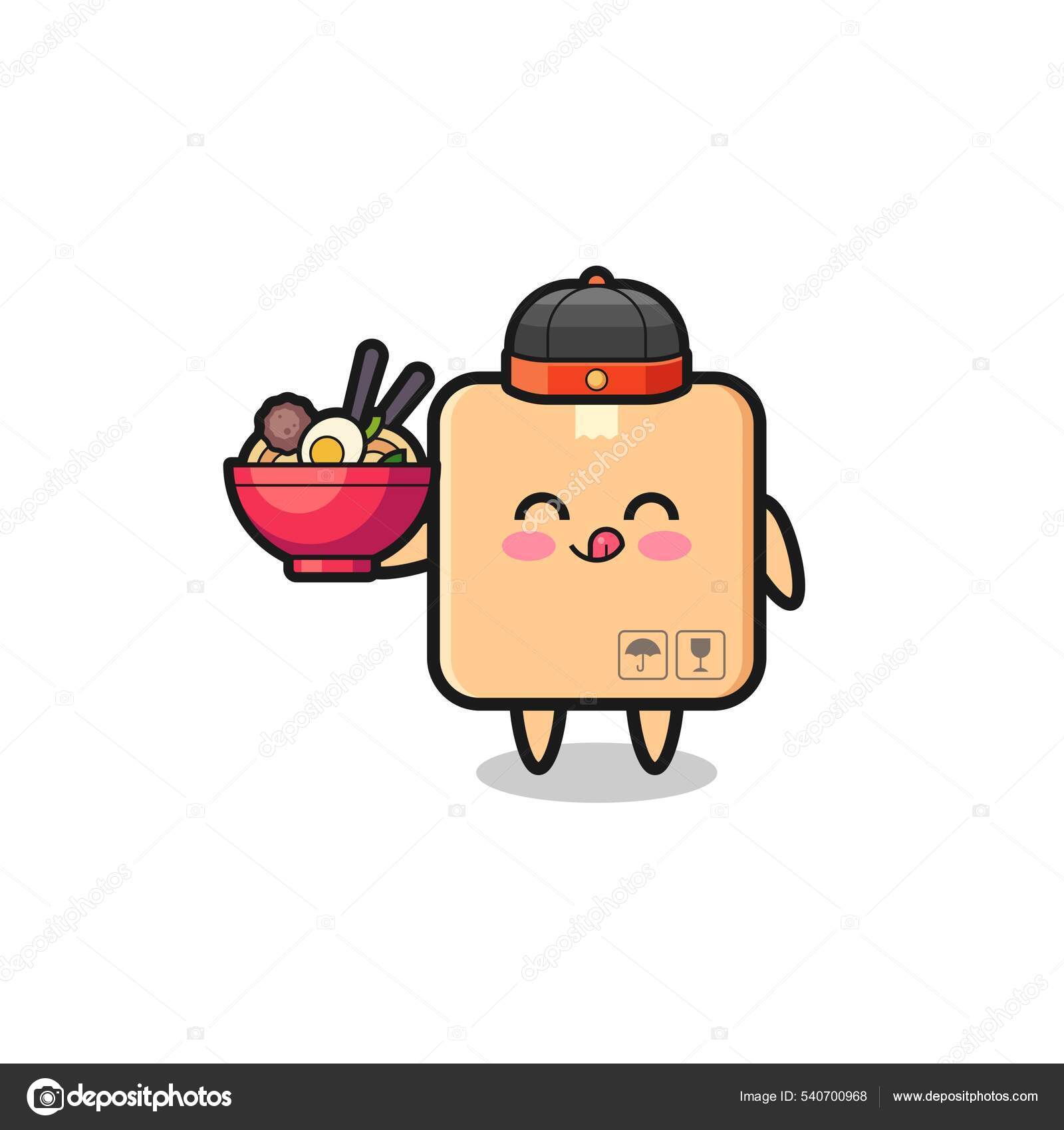 Cardboard Box Chinese Chef Mascot Holding Noodle Bowl Cute Design Stock ...