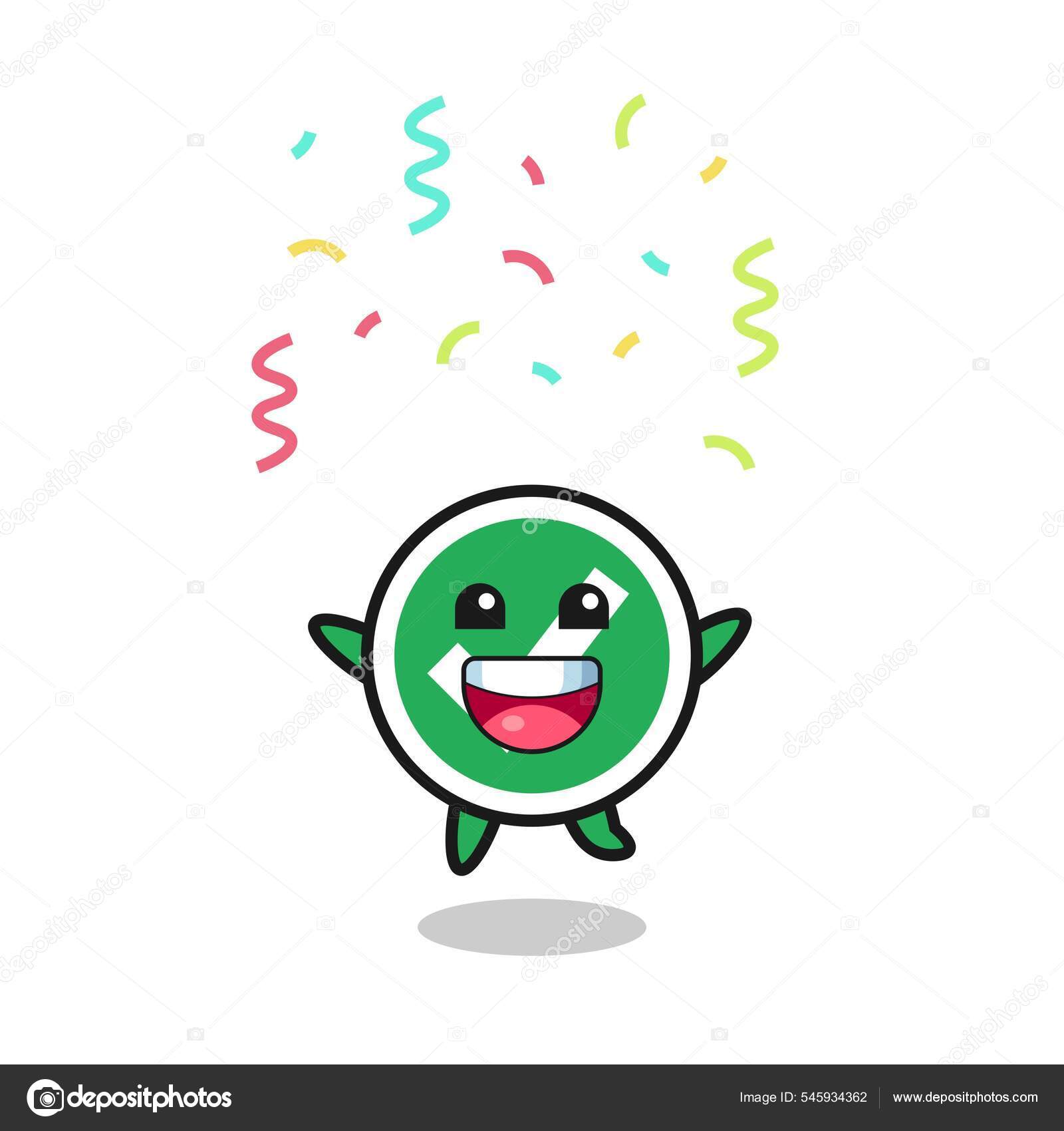 Happy Check Mark Mascot Jumping Congratulation Colour Confetti Cute ...