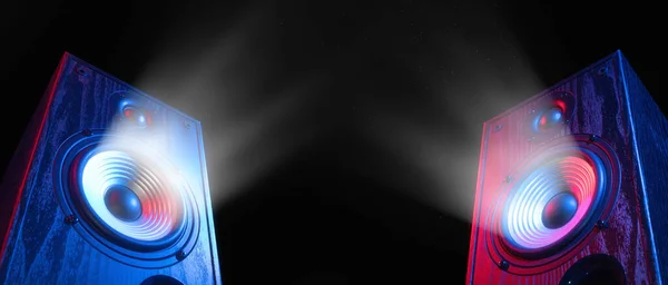 Two Sound Speakers Neon Light Sound Wave Them Black Stock Photo by ...