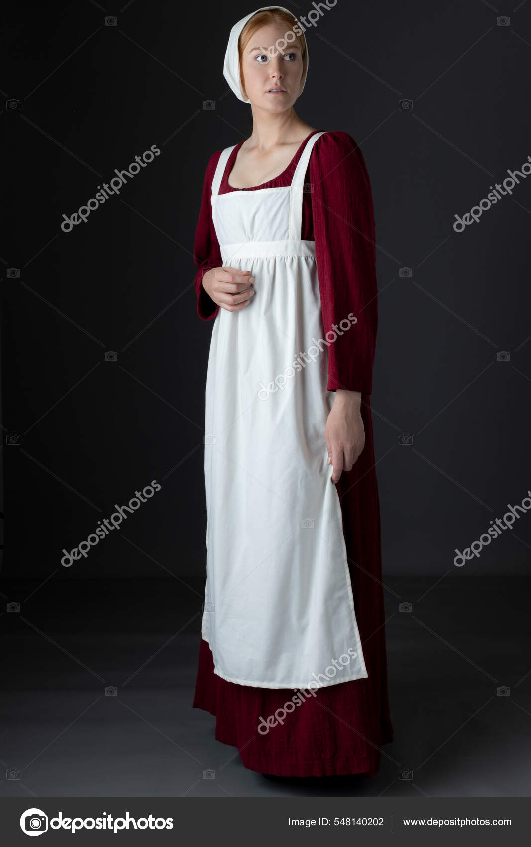 Regency Maid Servant Wearing Red Linen Dress Apron Cap Studio Stock ...