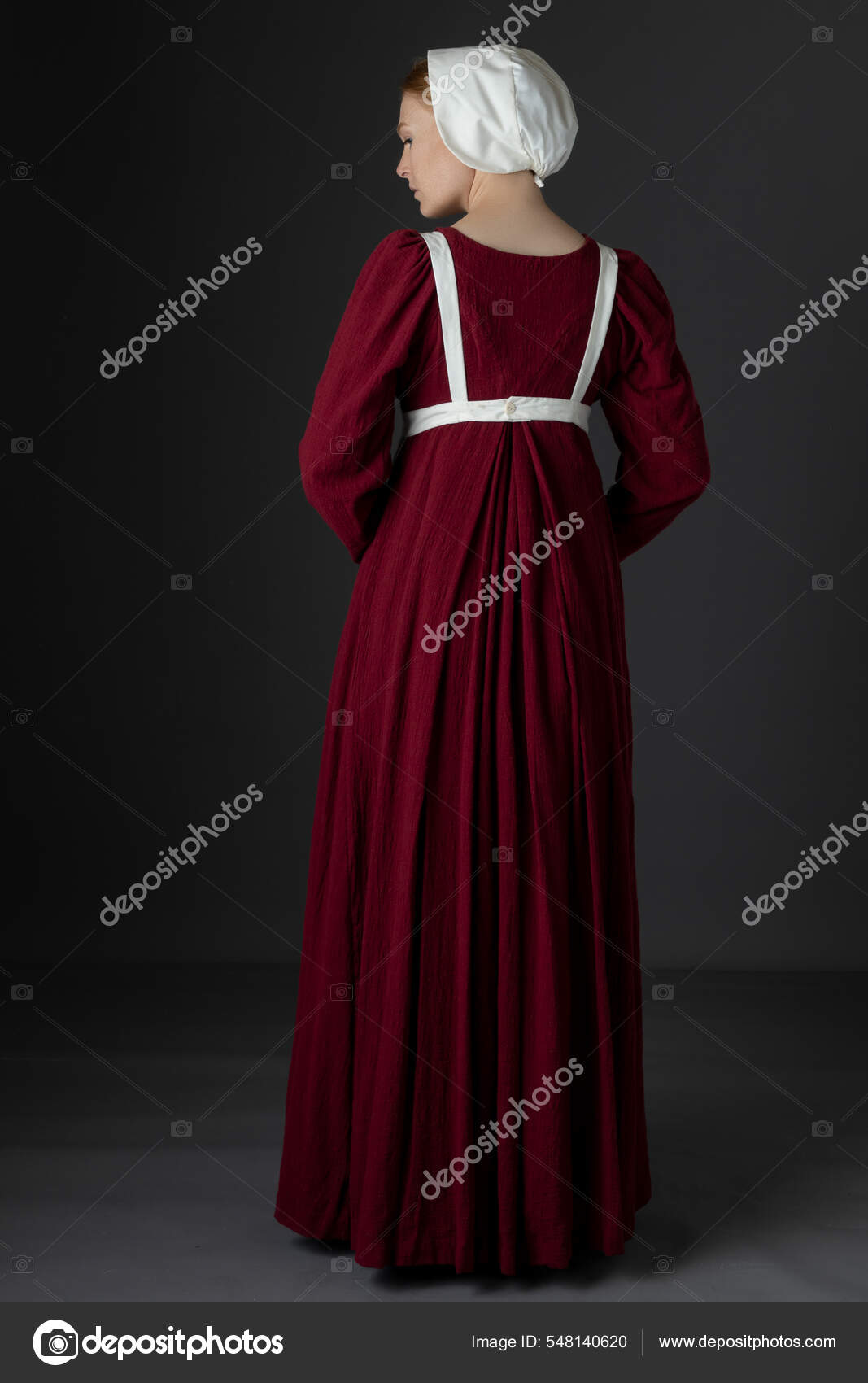 Regency Maid Servant Wearing Red Linen Dress Apron Cap Studio Stock ...