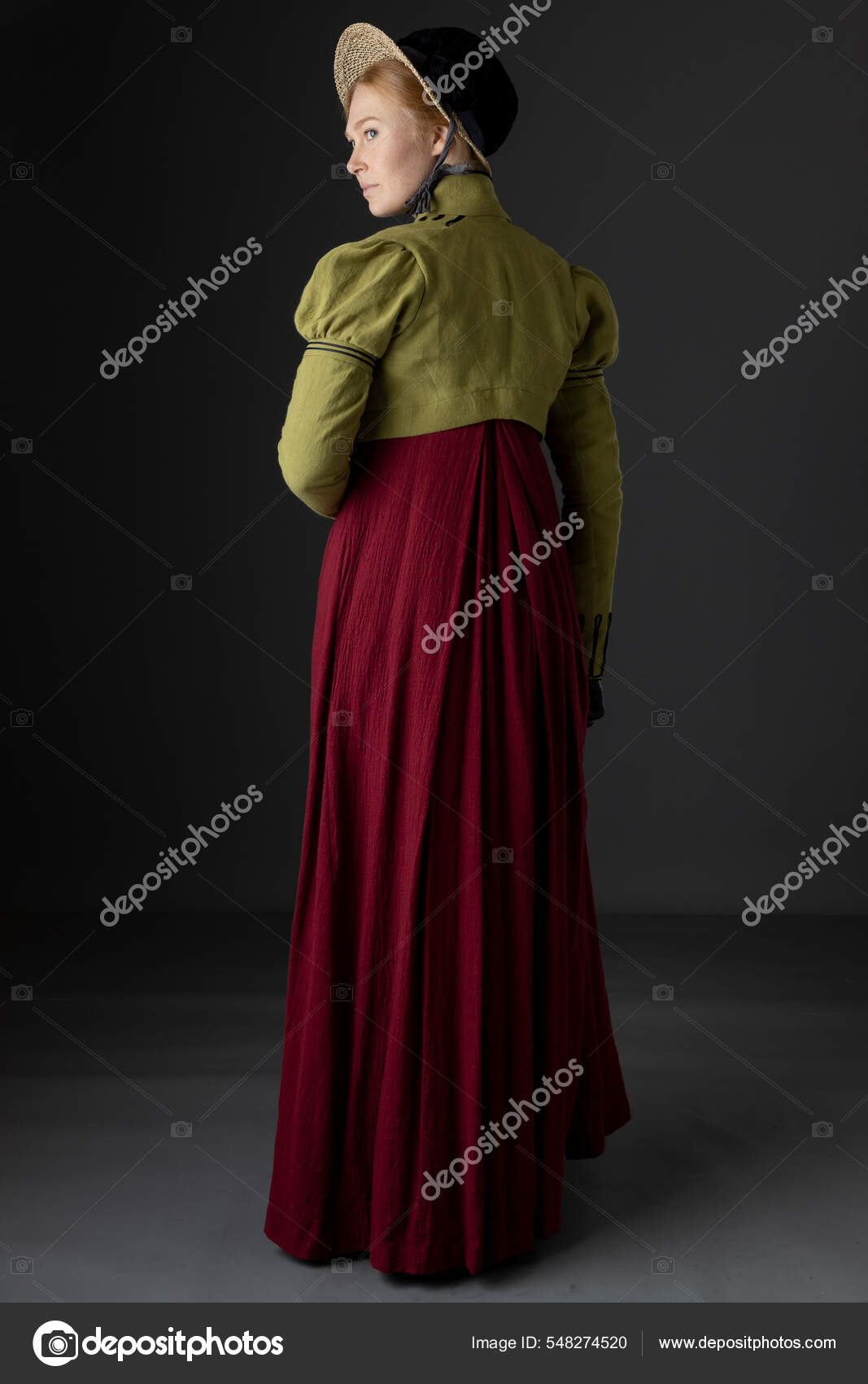 Regency Woman Wearing Red Linen Dress Green Braided Spencer Bonnet ...