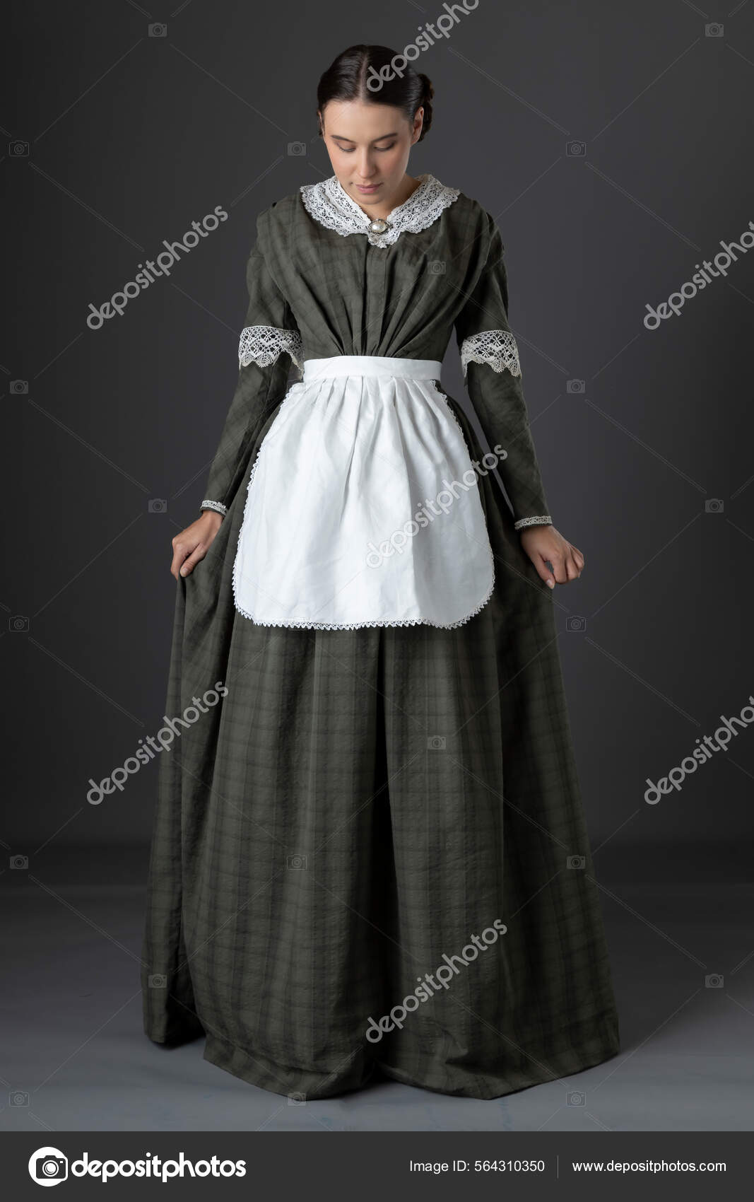 Working Class Victorian Woman Wearing Dark Green Checked Bodice Skirt ...