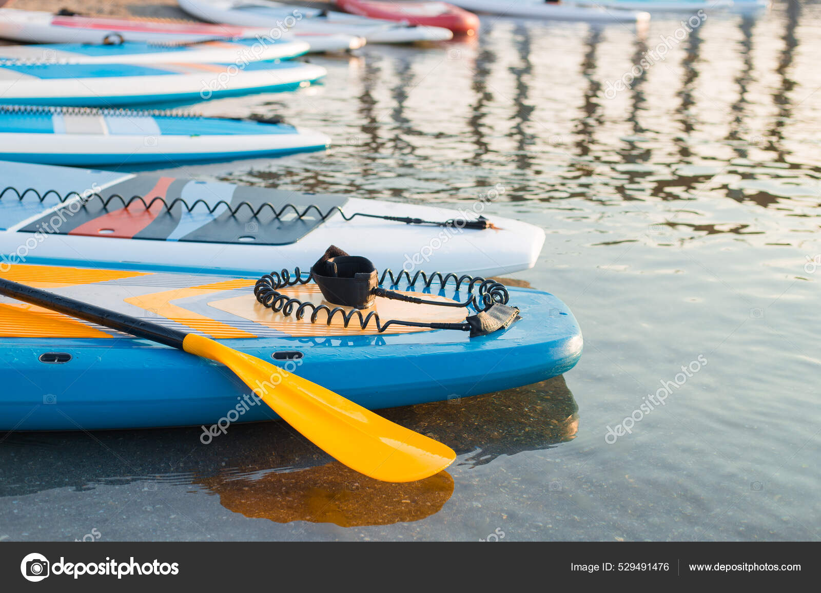 Tabla amarilla de paddle y tablas de surf sobre fondo de superficie de ...