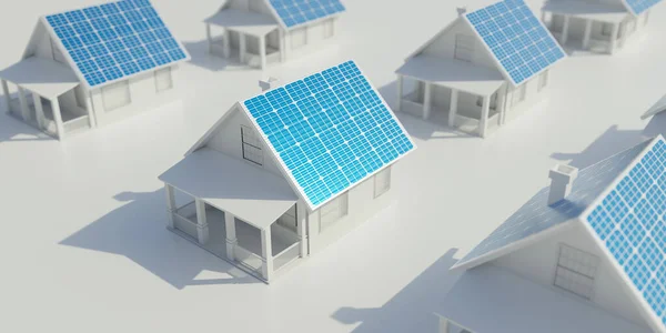 Eco houses with solar panel on roofs on white background. Sun the clean ...