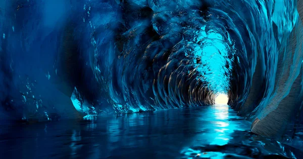 3d rendering. Ice cave entrance. frozen tunnel with icy walls of blue ...