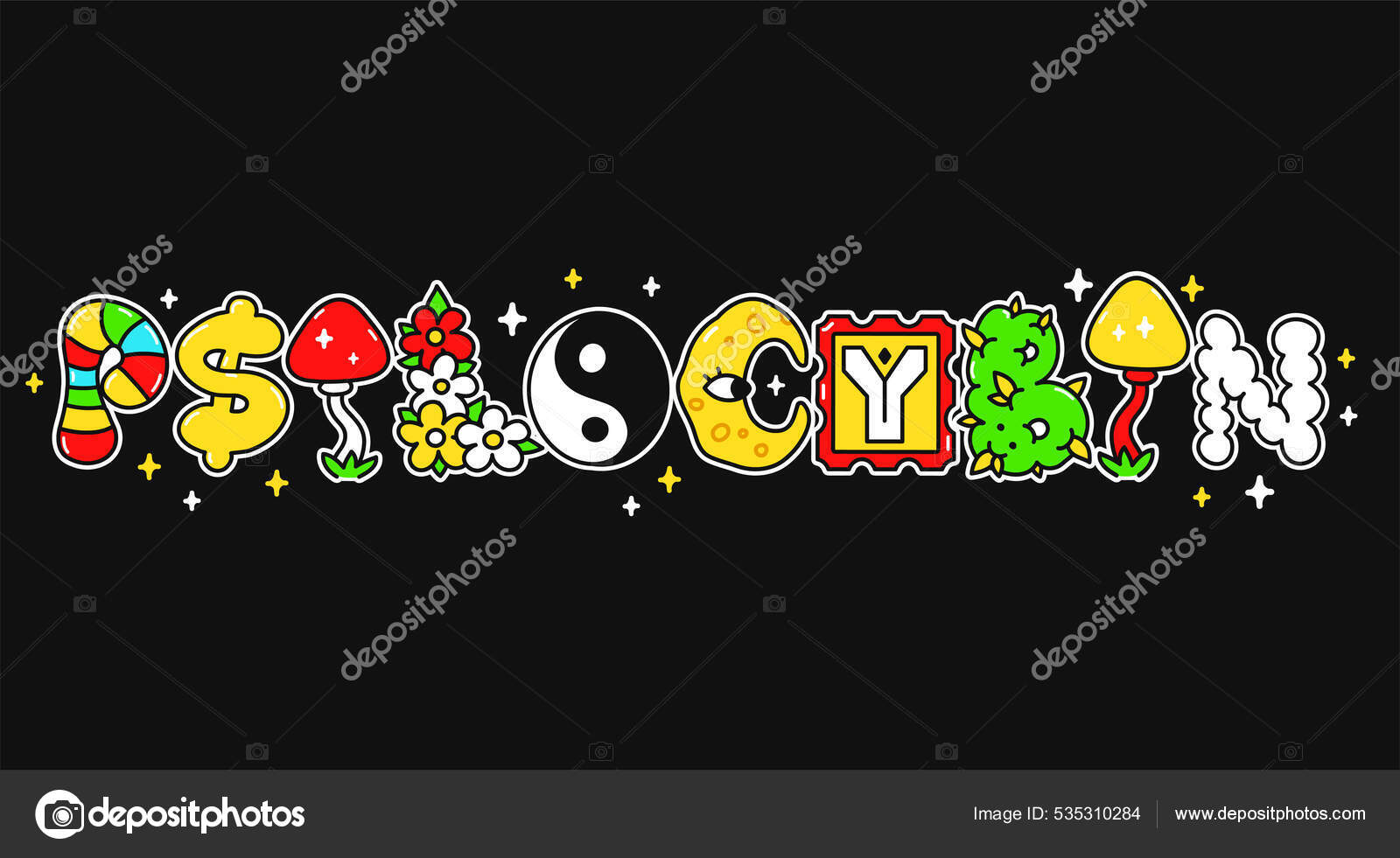 Psilocybin word,trippy psychedelic style letters.Vector hand drawn ...