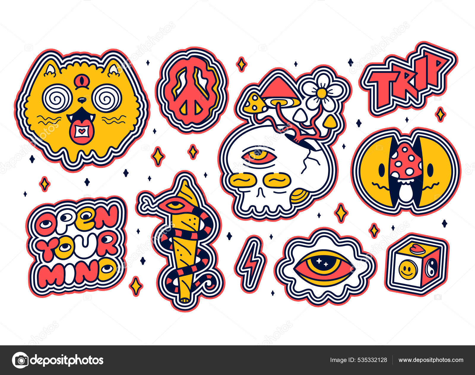 Divertidas pegatinas psicodélicas locas set print. Vector dibujos ...