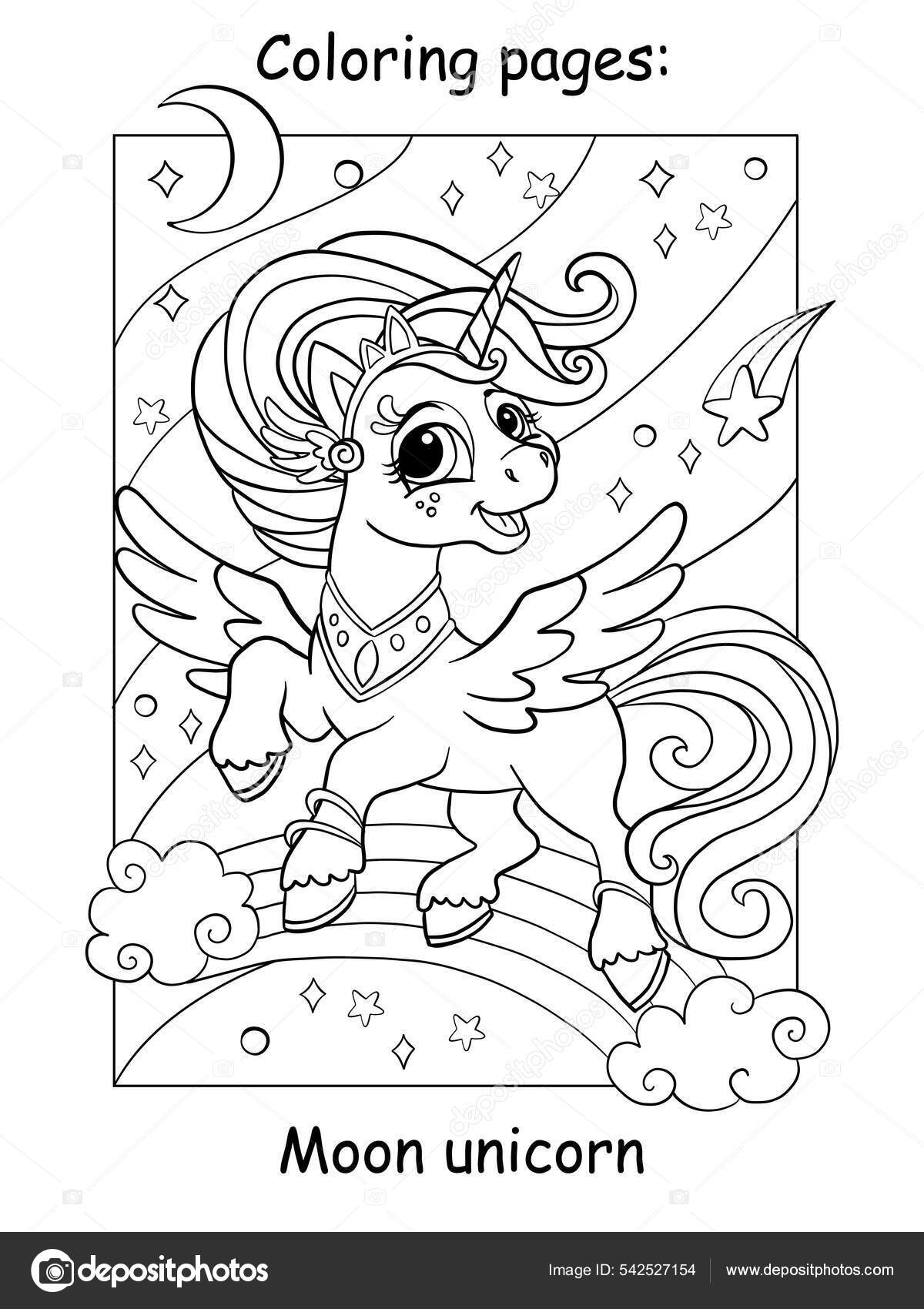 Libro para colorear página lindo unicornio volador con luna Vector de ...