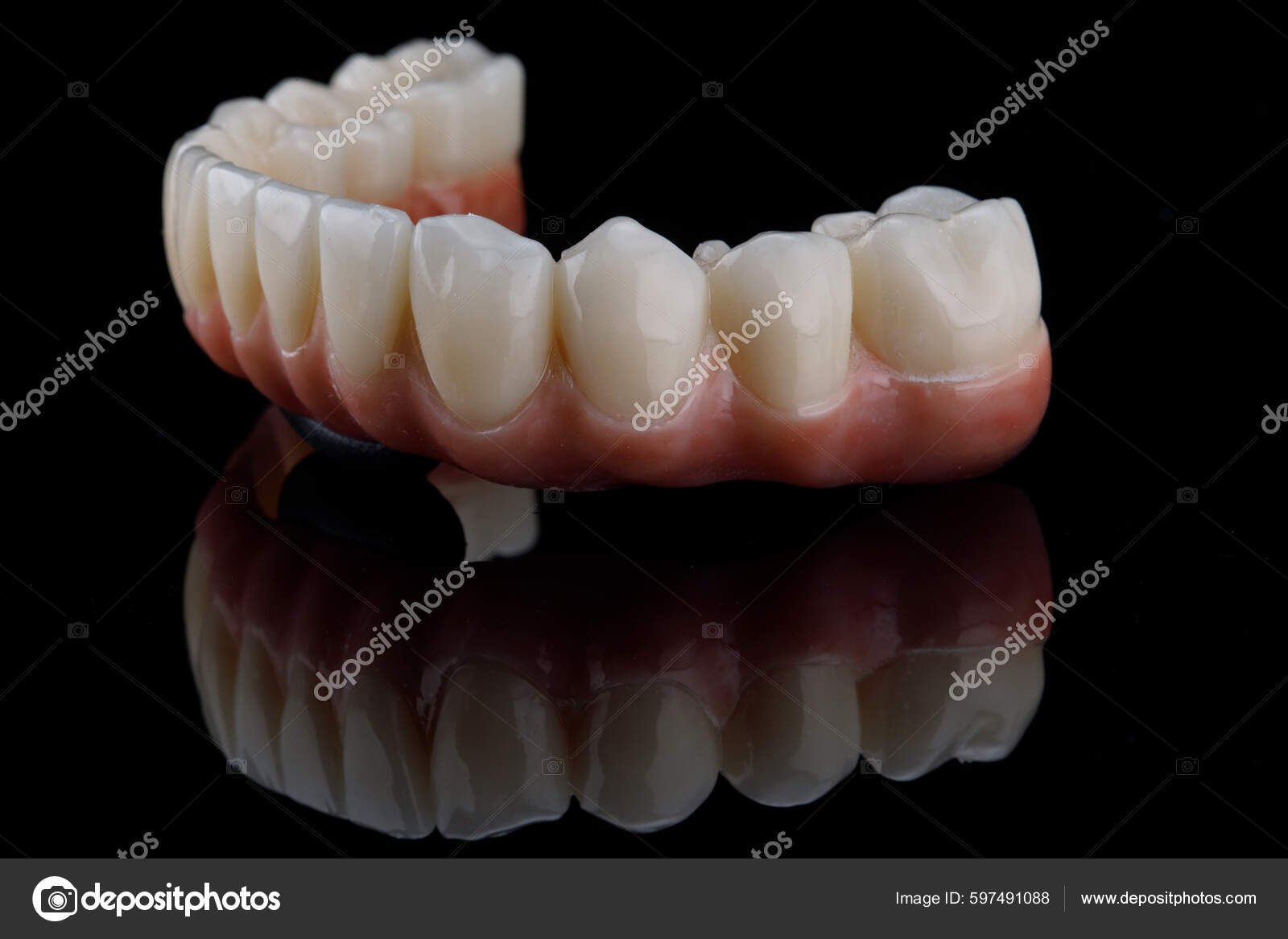 Dental Ceramics Lower Jaw Prosthetic Side View Black Glass Reflection ...