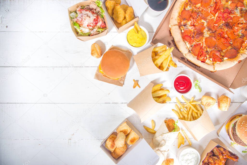 Entrega fastfood ordenar comida concepto en línea. Gran conjunto de ...