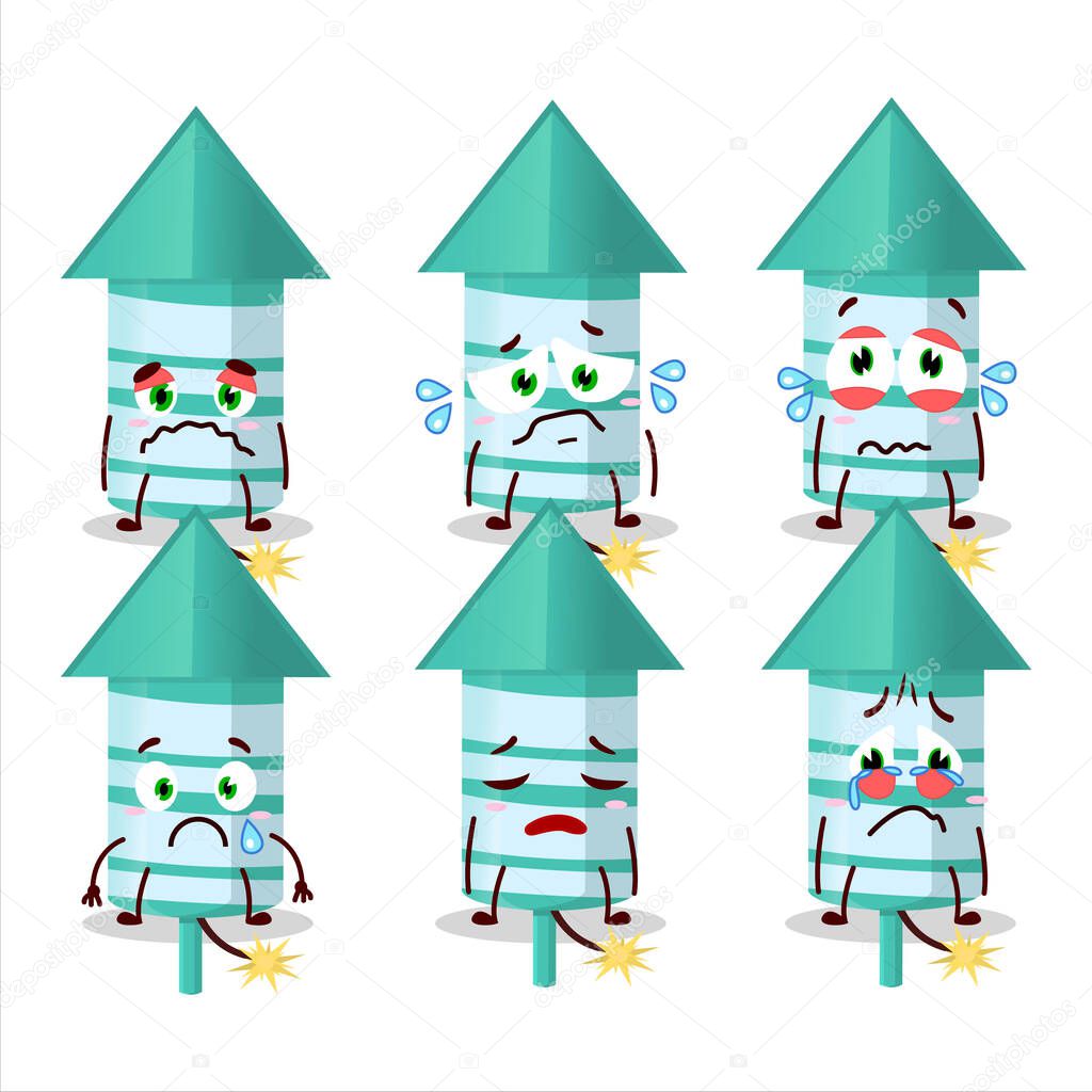 Cohete fuegos artificiales personaje de dibujos animados verde con expresión triste. Ilustración ...