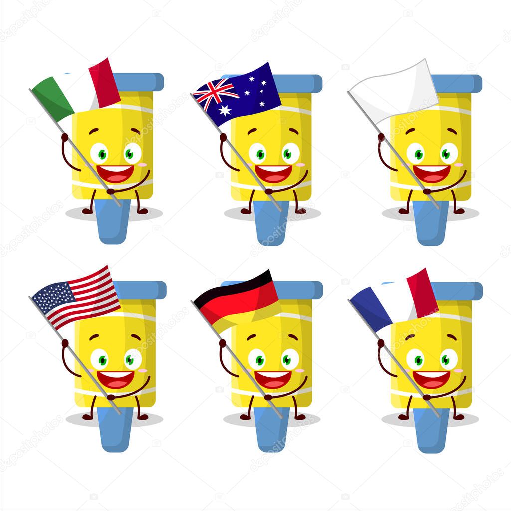 Fuegos artificiales conchas personaje de dibujos animados traer las banderas de varios países ...