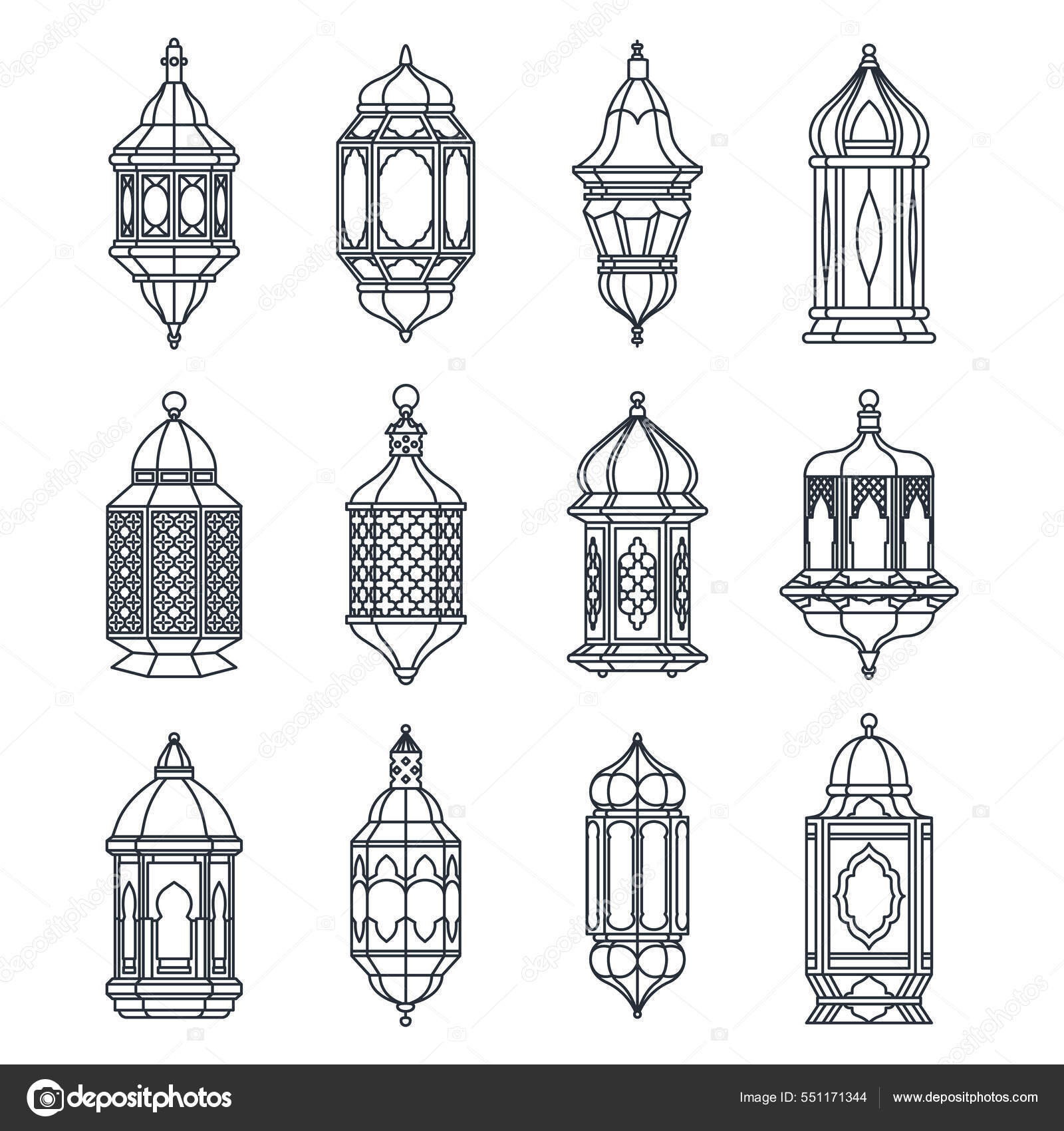 Linear arabian lamp or lantern, vector icon set. Stock Vector Image by ...