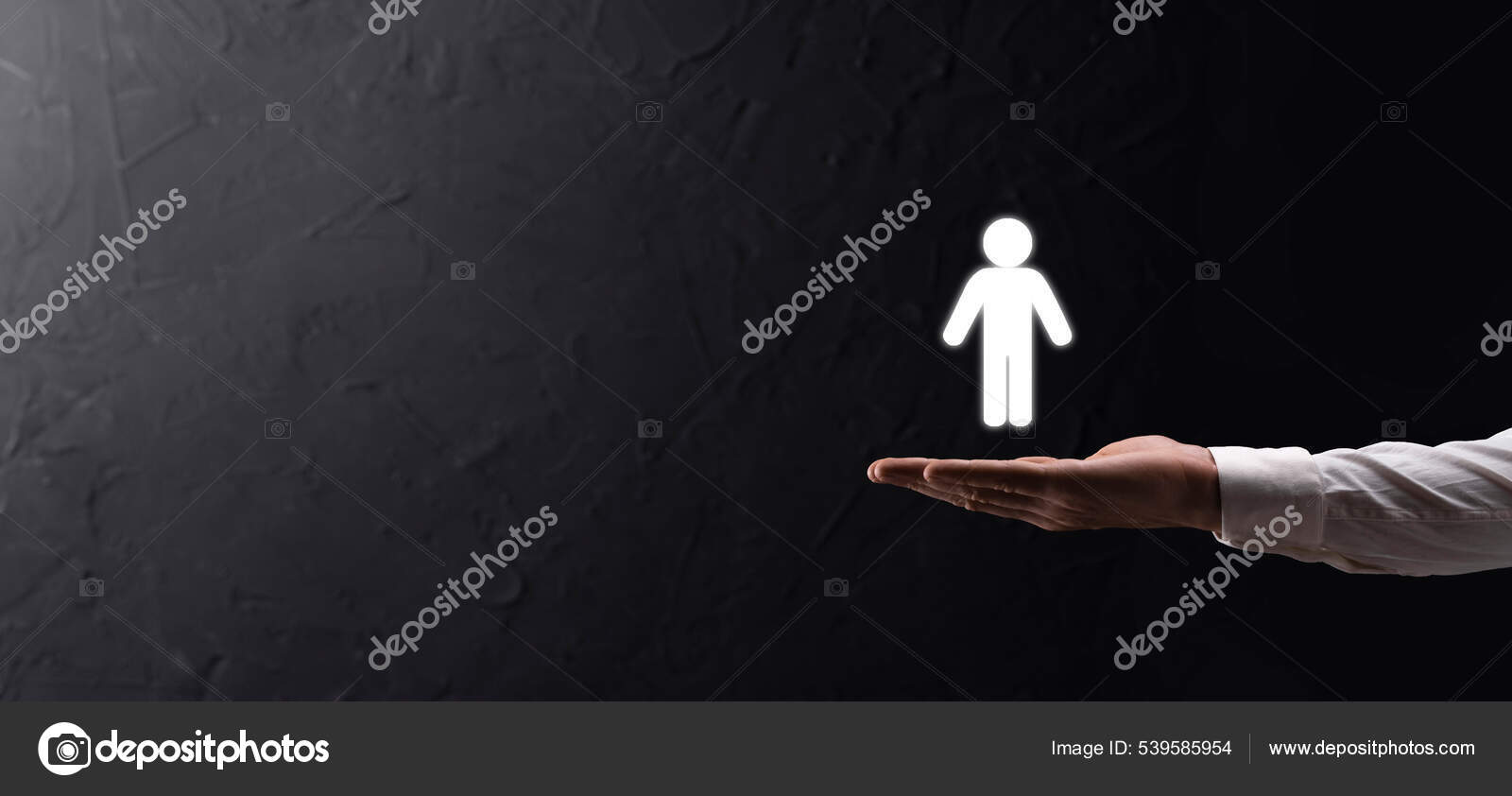 Male Hand Holding Human Icon Blue Background Human Resources Management ...