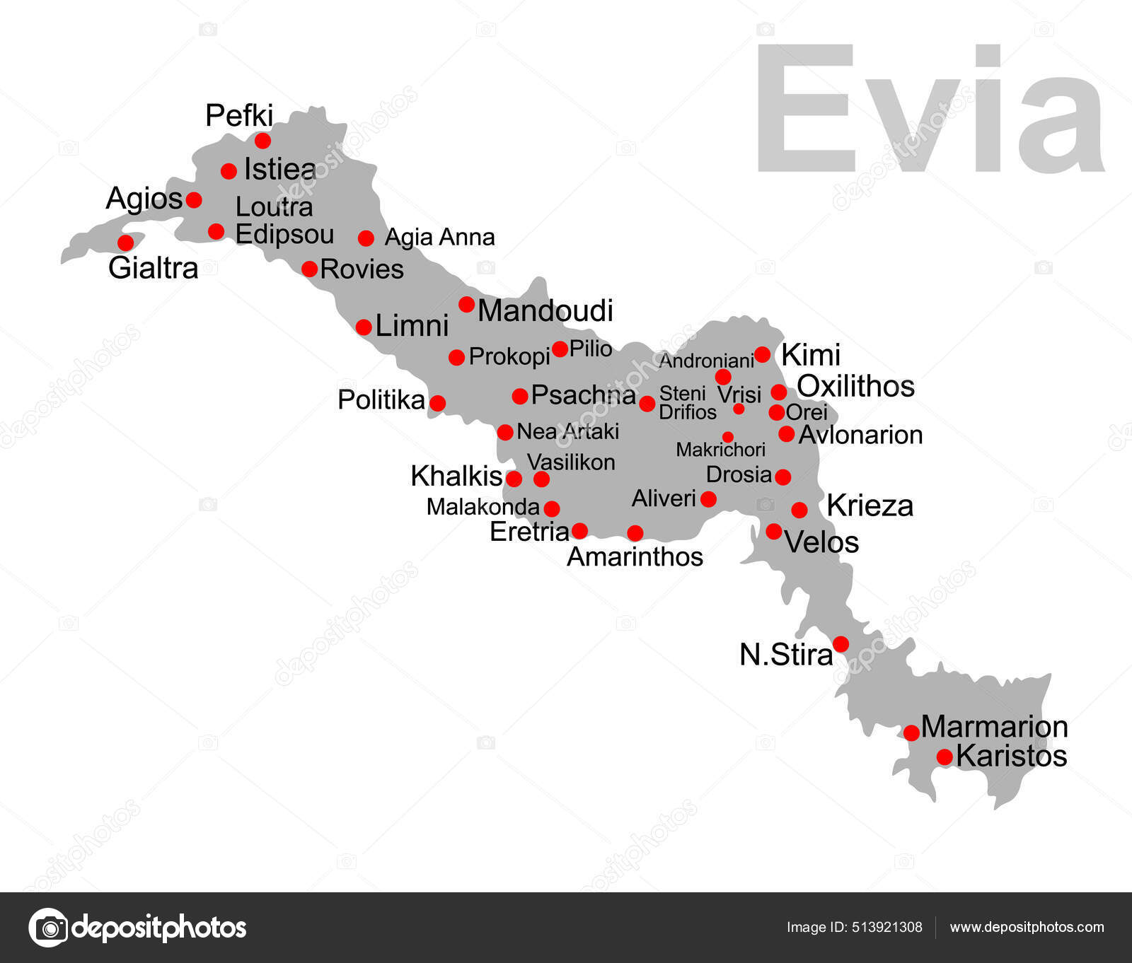 Řecký Ostrov Euboea Mapa Vektor Silueta Izolované Bílém Pozadí Evia ...